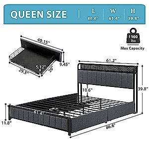 BTHFST LED Bed Frame Queen Size with Storage Drawers, Upholstered Metal Platform Bed Frame with USB Ports & Charging Outlets, No Squeak, Verticle Channel Tufted Headboard & Footboard, Dark Gray
