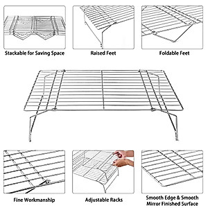 TeamFar Cooling Rack, 3 Tier 15’’ × 10’’ Oven/Dishwasher Safe Stainless Steel Baking Roasting Rack for Cookies Cake Pies Bread, Collapsible & Foldable, Healthy & Non Toxic