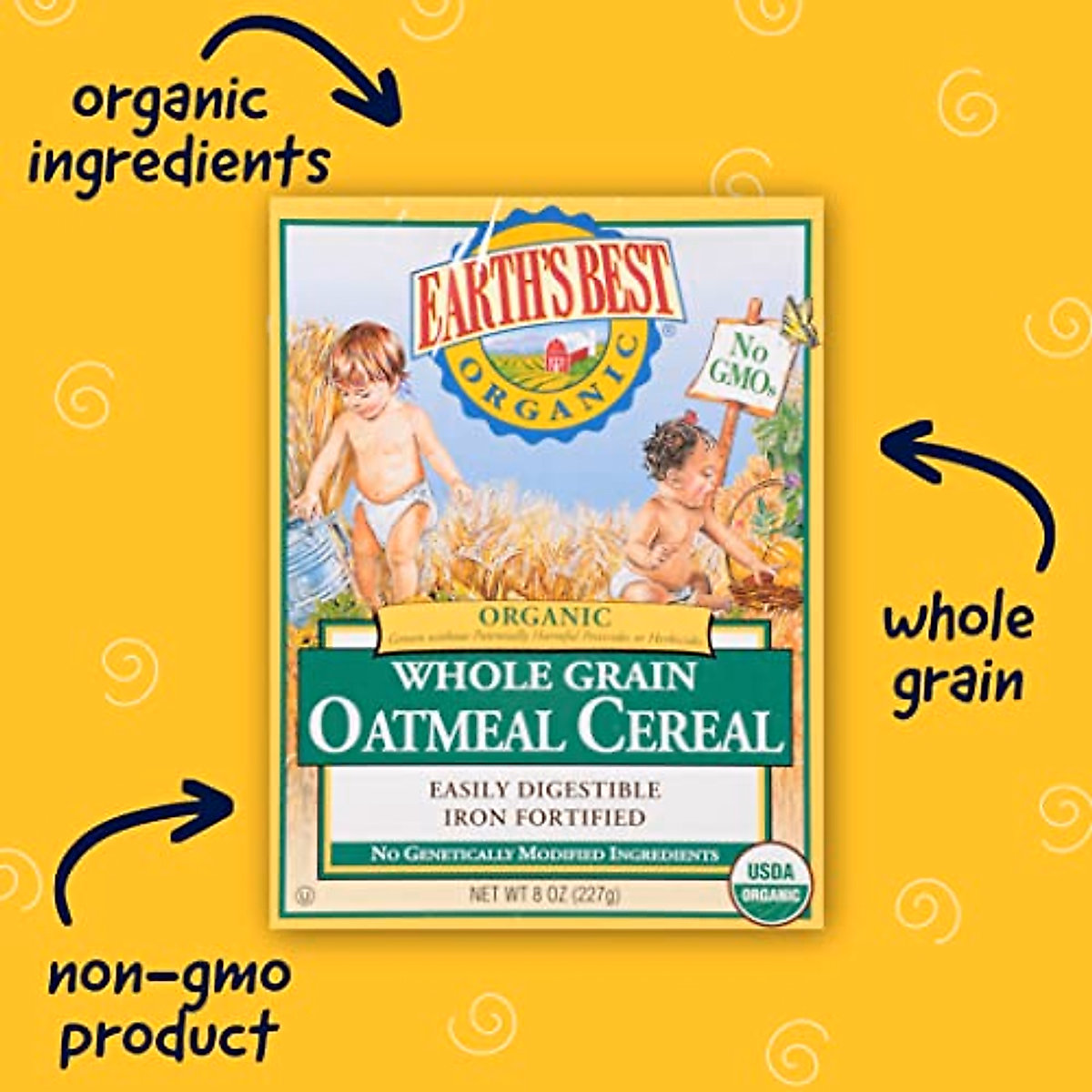 Earth's Best Organic Baby Food, Organic Whole Grain Oatmeal Baby Cereal, Non-GMO, Easily Digestible and Iron Fortified Baby Food, 8 oz Box