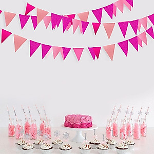 Hot Pink and Pink Glitter Pennant Banner Party Decorations Wedding Bridal Shower Hanging Paper Triangle Flags Streamers for Wedding Birthday Bachelorette Engagement Home Nursery Party Decor (48 Pcs)