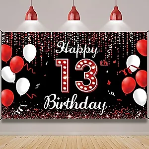 13th Birthday Backdrop Banner, Happy 13th Birthday Decorations for Girls, Red Black 13 Years Old Birthday Party Photo Booth Props, Thirteen Birthday Yard Sign Decor for Outdoor Indoor, Fabric Vicycaty