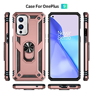 Dionsibei Military Grade Drop Impact for Oneplus 9 Case Oneplus 9 5G Case 360 Metal Rotating Ring Kickstand Holder Armor Heavy Duty Shockproof Case for Oneplus 9 Phone Case (Rose Gold)