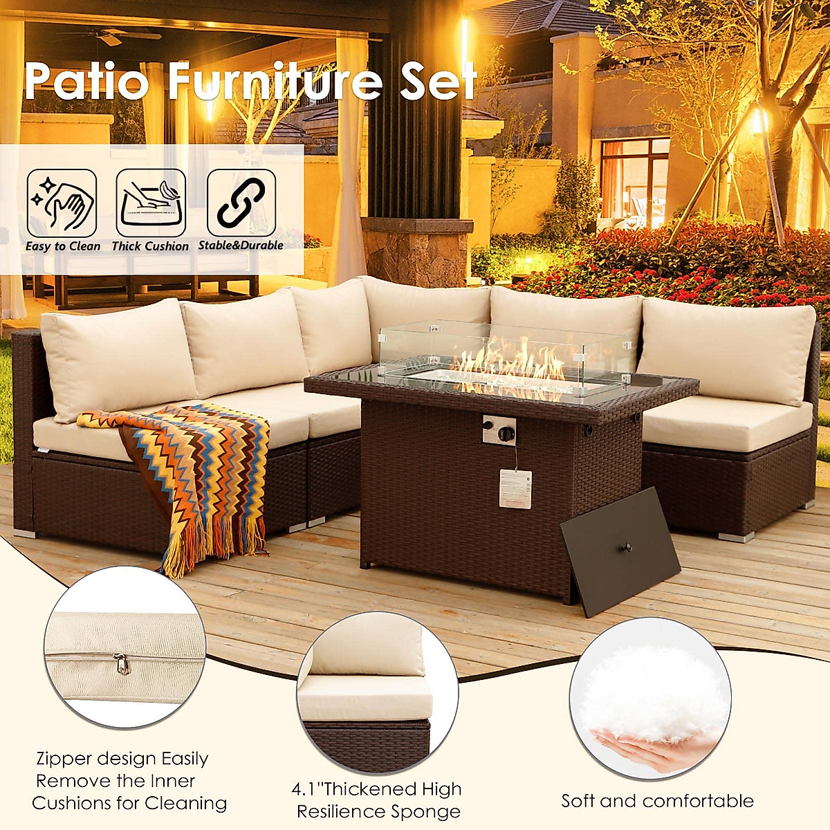 RADIATA PE Wicker Patio Furniture Set Sectional High Back Large Size Sofa Sets with Propane Fire Pit Table 55000 BTU Balcony Rattan Lounge Conversation Sets for Outdoor (6 Pieces,Brown)
