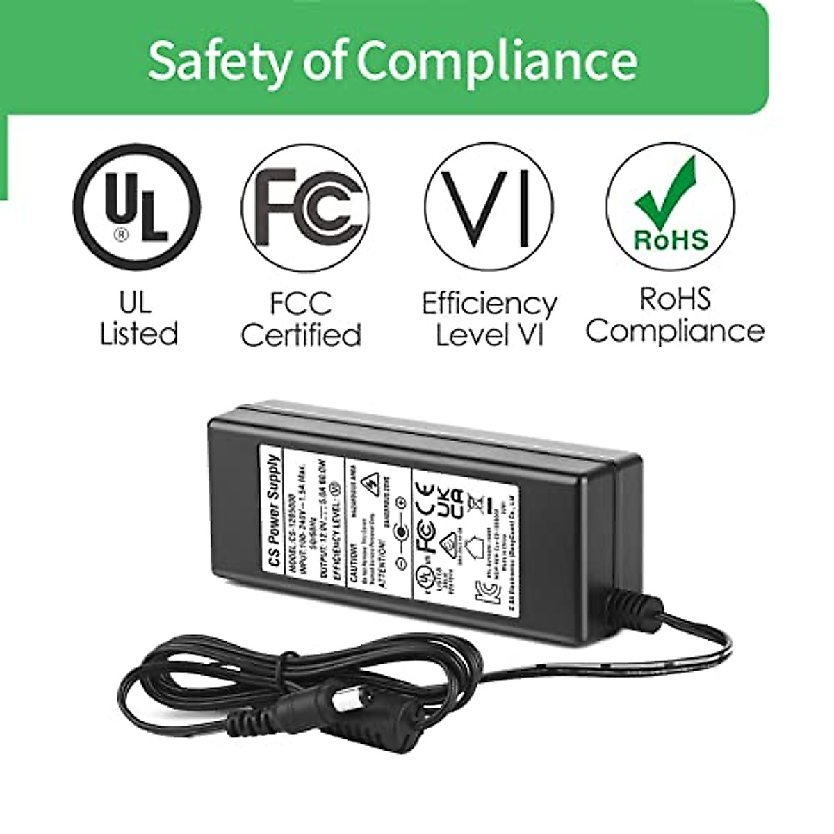 [UL Certified] AC 100-240V to DC 12V 5A Power Supply Adapter Switching + AC Cord Cable 5.5mm x 2.1mm for CCTV Camera DVR NVR Led Light Strip UL Listed FCC