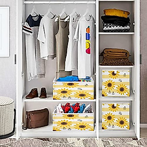 ALAZA Collapsible Storage Cubes Organizer,Sunflower Bee Cartoons White Yellow Stripe Storage Containers Closet Shelf Organizer with Handles for Home Office