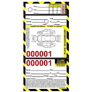 100 Valet Parking Tickets for Cars. 3 Part Vehicle Claim Tag with Car Diagram. Printed in Black & Yellow with Red Numbers on Durable White Card Stock. Perforated Cardstock Key Tag. Parking Pass.