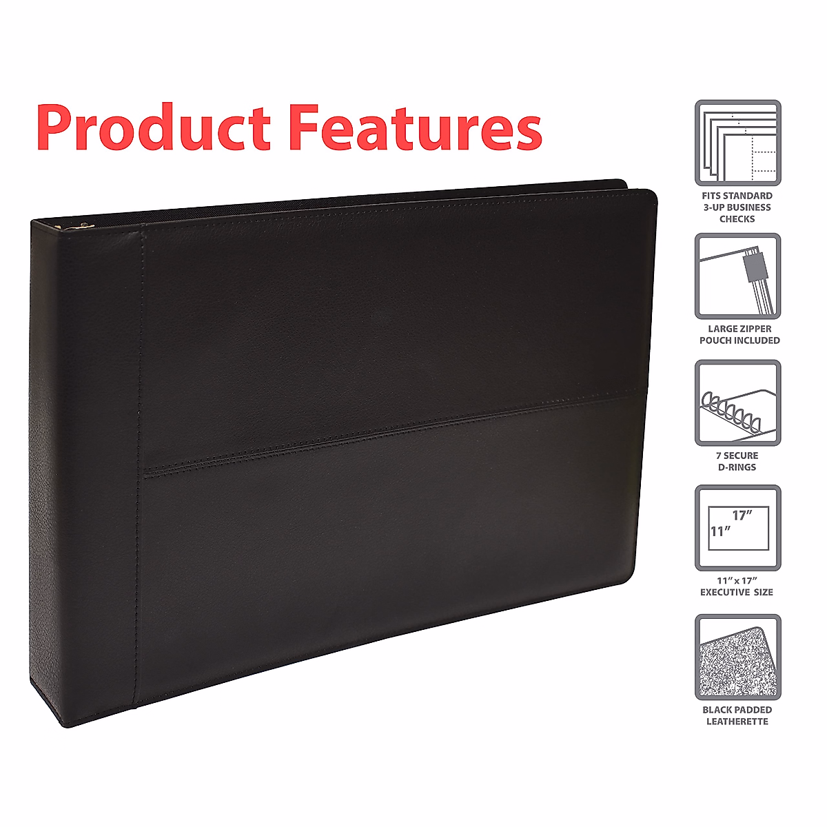 GOLD SEAL 7 Ring Executive Check Binder with Zipper Pouch, Black Textured Premium Leatherette Cover, for 9 x 13 3 Per Page Business Checks, 600 Check Capacity Checkbook Holder