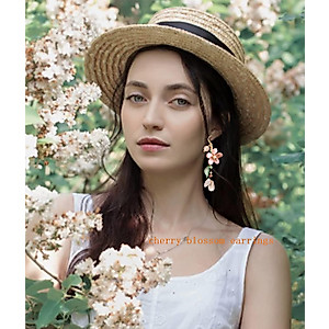 LAKIYOYO Pink Flower Dangle Earrings for Women Cute Pearl Leaf Sakura Leaf Earrings Fairy Statement Summer Refreshing Seaside Idyllic Holiday Earrings