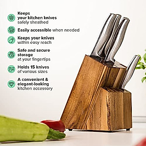 Coninx Acacia Wood Kitchen Knife Block - Professional Quality Wood Knife Organizer - Convenient & Secure Knife Stand To Save Space & Keep Knives Neat & Sharp - Knife Blocks for Kitchen Knife Storage