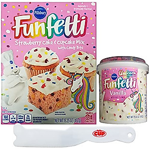Pillsbury Funfetti Unicorn Strawberry Cake & Cupcake Mix and Unicorn Vanilla Frosting with By The Cup Frosting Spreader
