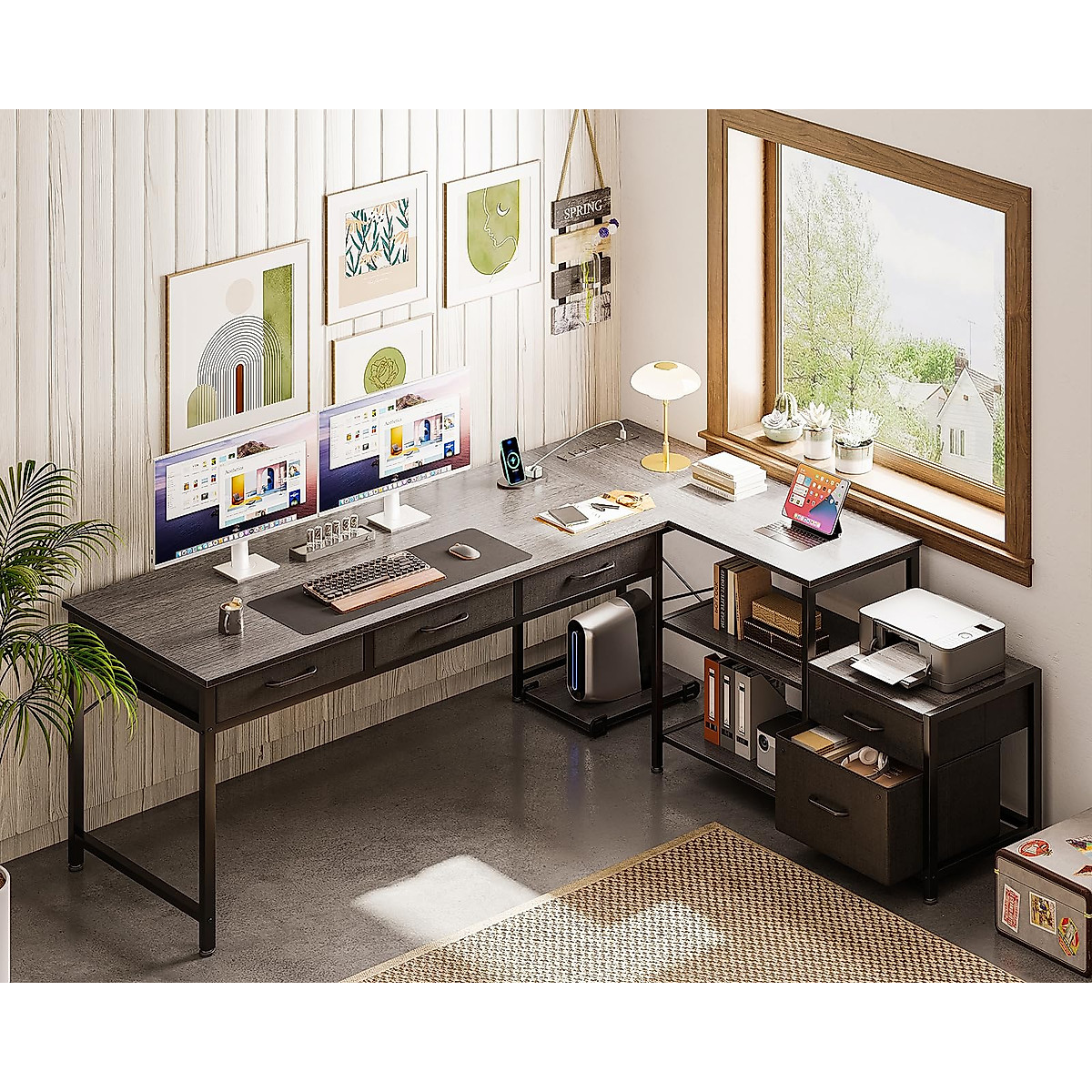 AODK L Shaped Computer Desk with Fabric Drawers and File Cabinet, 61" Reversible Home Office Workstation Desk with Power Outlets & Host Stand, Corner Gaming Table with Storage Shelves, Grey Oak