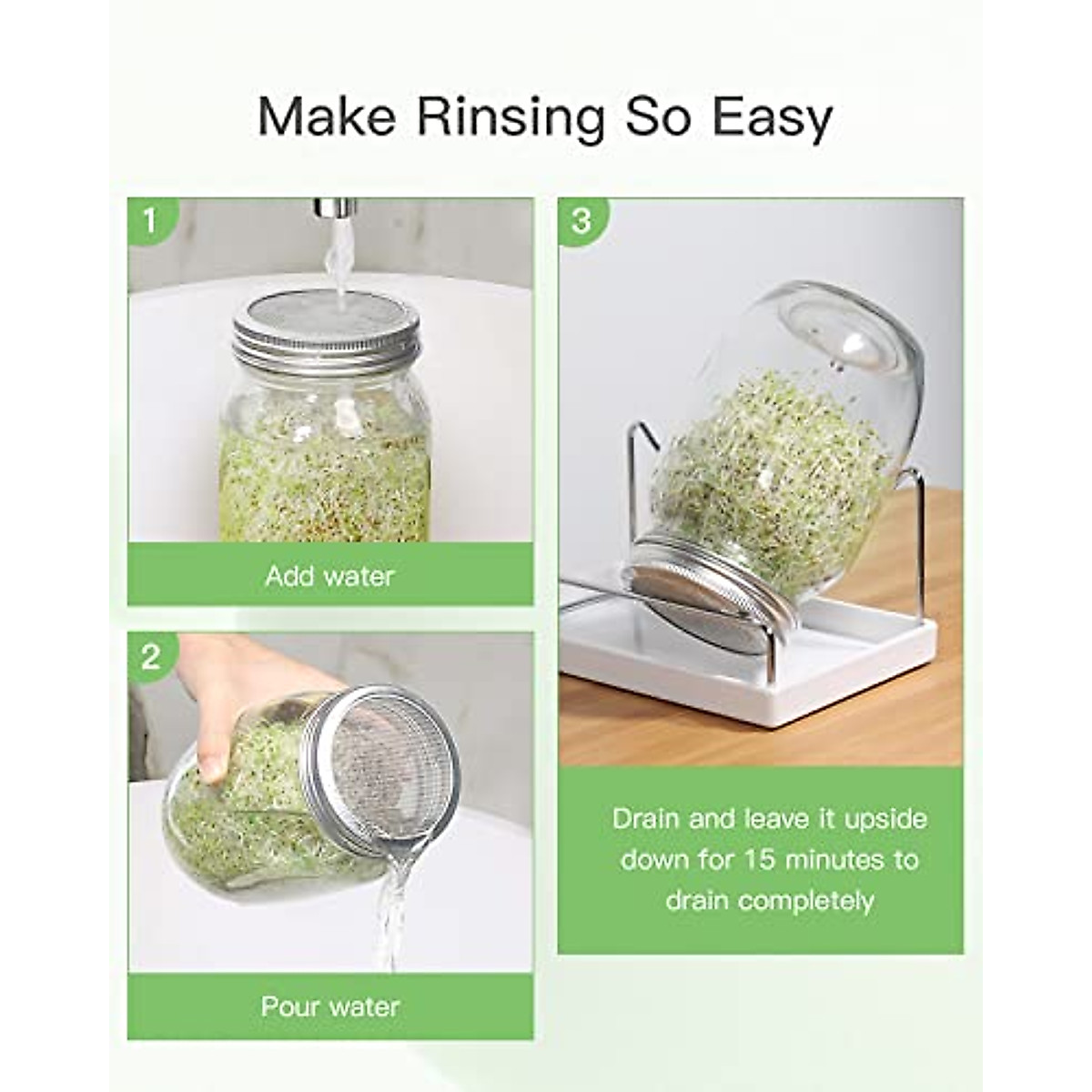 RAYPLE Sprouting Jar Kit, 2 Wide Mouth Mason Jars, Premium Stainless Steel Screen Sprout Lids, Blackout Sleeves, Tray, Stand, Sprouting Kit for Growing Broccoli,Alfalfa,Mung Bean