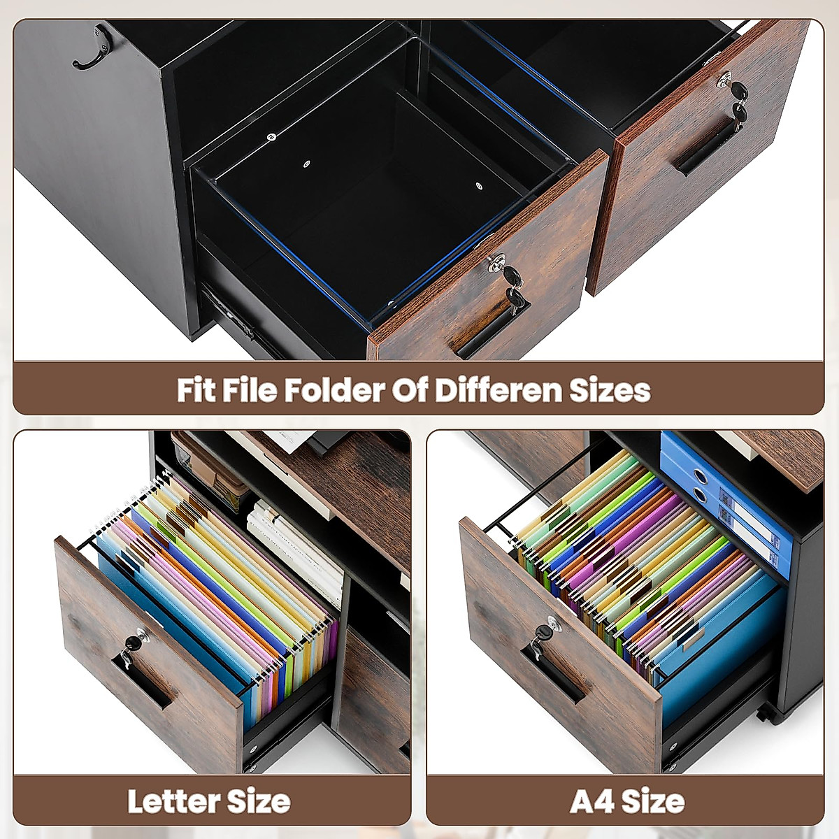 Naice File Cabinet with Charging Station, Lateral File Cabinets with 2 Lock Drawers, Wood Filing Cabinet for Home Office Printer Stand, 2 Storage Shelves, Letter/A4 Size Hanging File Folders