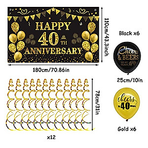 DARUNAXY 40th Wedding Anniversary Decorations, Large Happy 40th Anniversary Banner Backdrop 70 x 43 Inches, Black and Gold Party Balloons, Hanging Swirls for Indoor Outdoor Home Wall Party Supplies