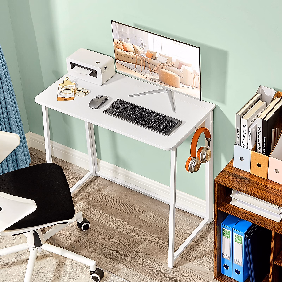 WOHOMO Folding Desk, 31.5" Small Desk for Small Spaces, Easy Assemble Foldable Computer Desk for Laptop, Mini Portable Working Table Narrow Wooden Writing Workstation for Home Office, White