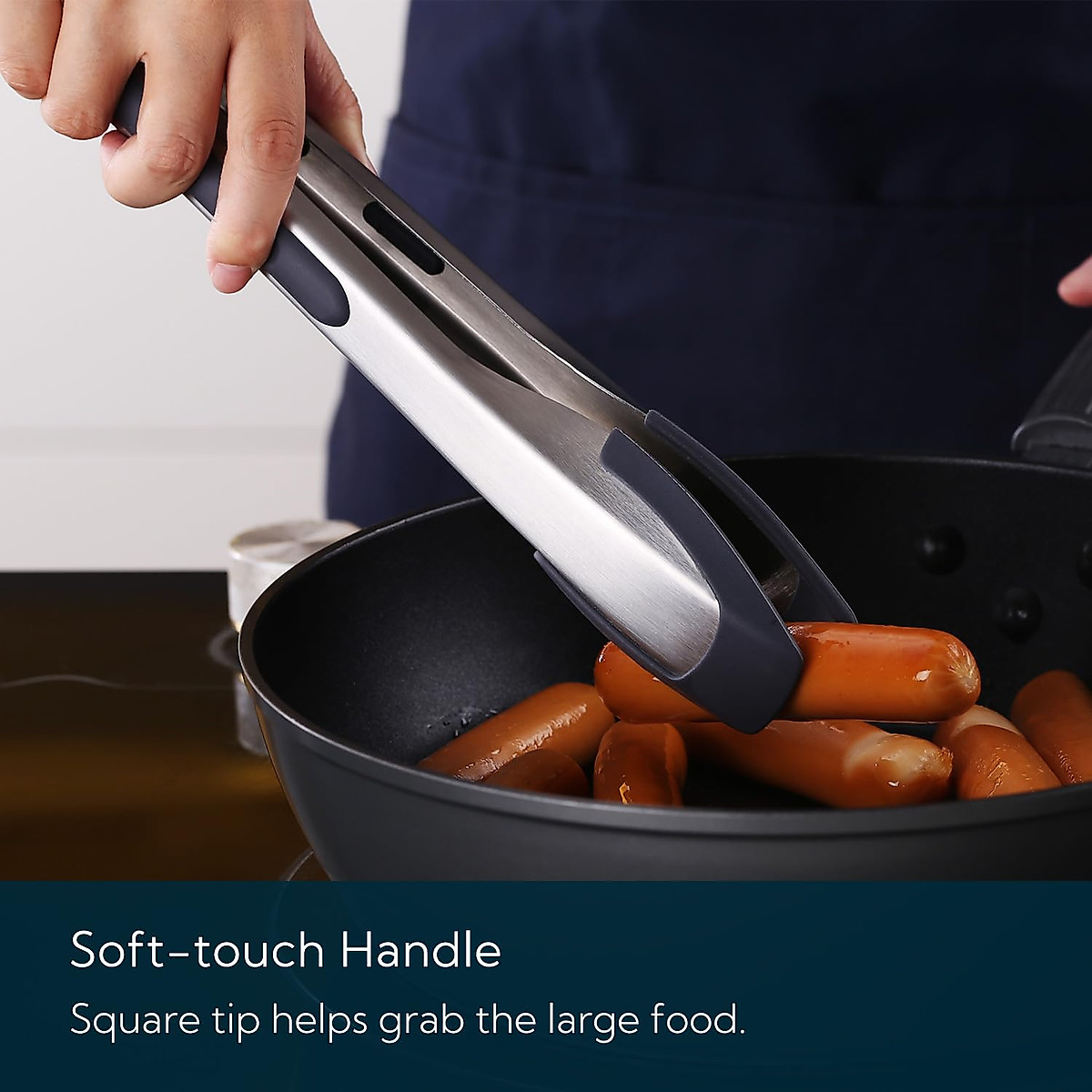 KITCHENDAO Tongs for Cooking with Silicone Tips 12 Inch, One-handed for Convenience, Soft-touch Handle, Silicone Tipped Stainless Steel Kitchen Food Grill BBQ Tongs for Non-stick Cookware Air Fryer