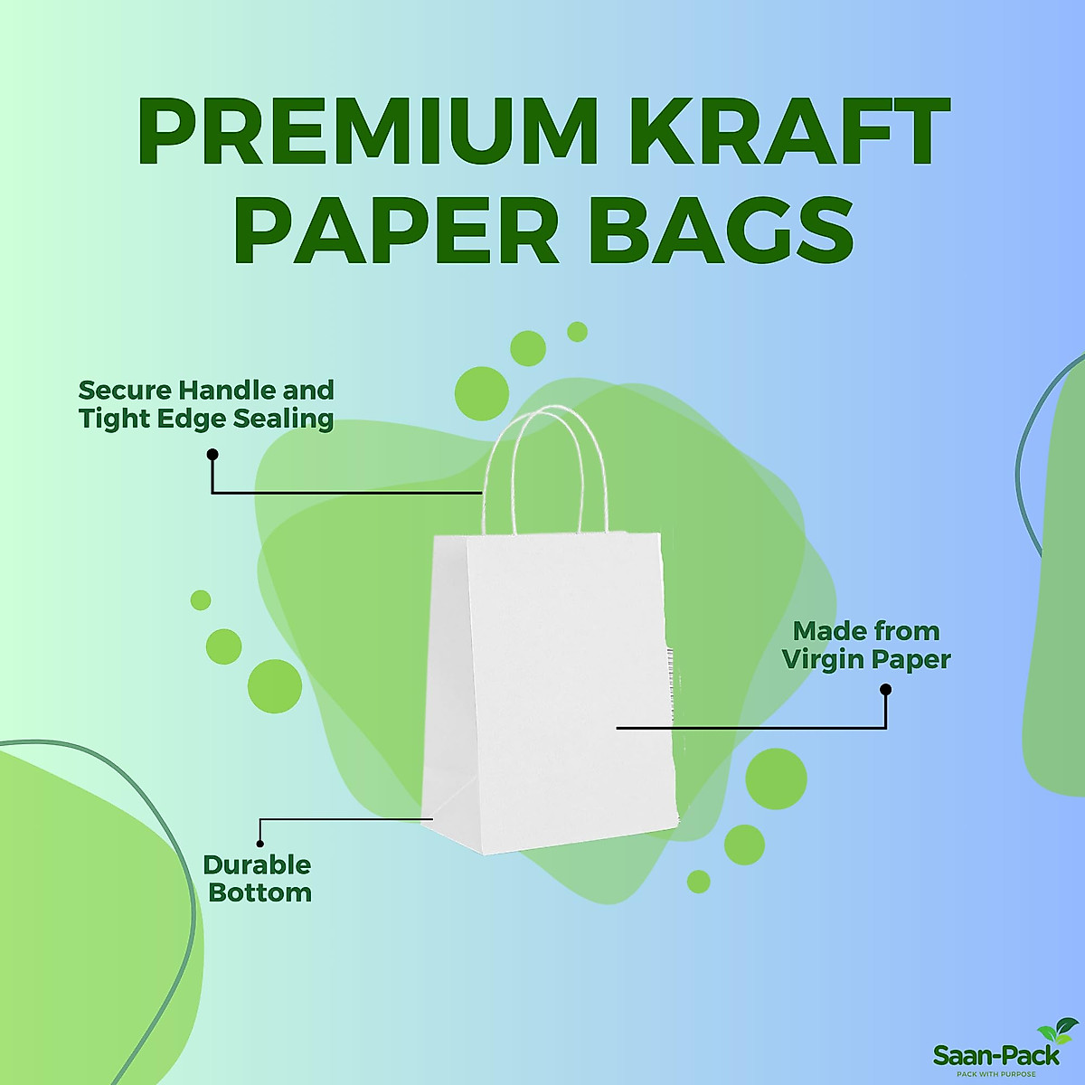 Saan-Pack Kraft Paper Bags with Handles 8"x4.5"x10.25", 25 Pack, White | Paper Gift Bag, Shopping Bag for Parties, Favors, Businesses