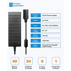 ALITOVE AC to DC Converter 100V ~ 240V to 12V 10A 120W Power Supply Adapter Car Cigarette Lighter Socket AC/DC Transformer for Car Vacuum Cleaner, Car Refrigerator and Other Car Devices