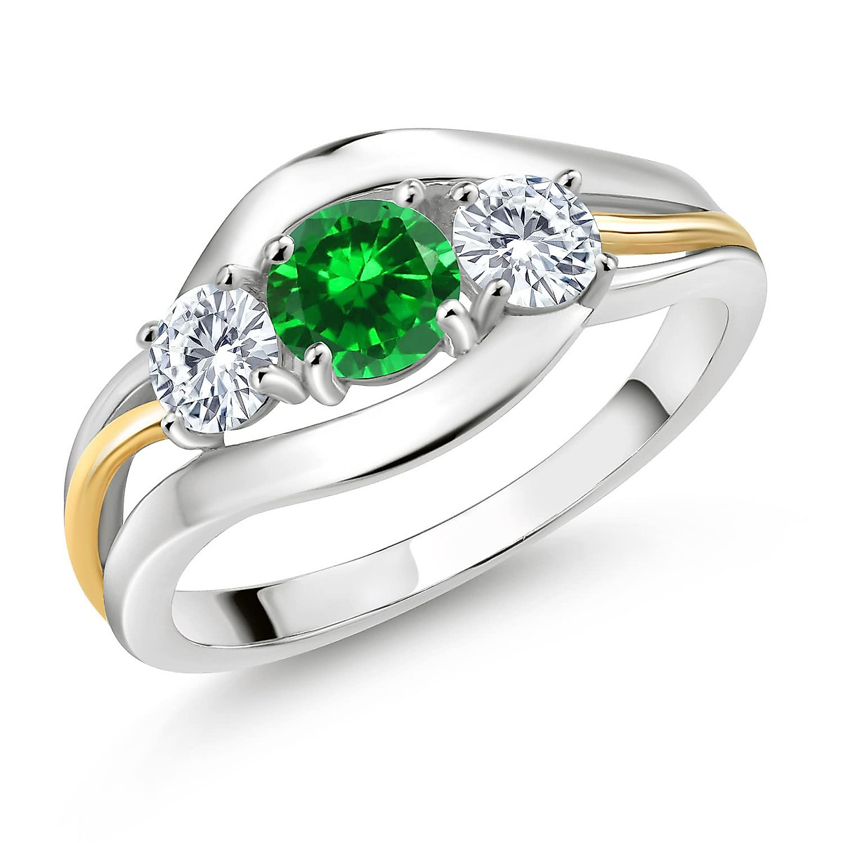 925 Sterling Silver and 10K Yellow Gold Round Green Created Emerald and White Moissanite from Charles & Colvard 3 Stone Ring For Women (1.30 Cttw, Available In Size 5, 6, 7, 8, 9)