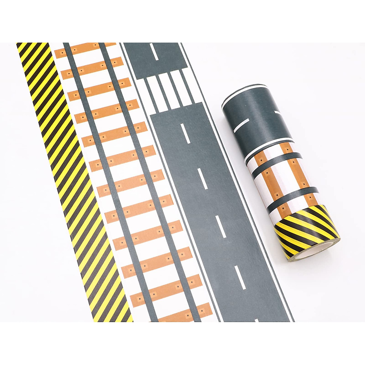 Manzawa Road Tape for Toy Car & Trains,3 Tape Rolls, Bonus 160 Traffic Sign Die Cut Stickers, 4 Road Tight Curves and 4 Trains Tight Curves, Develop Your Kids Imagination and Memory, Play and Learn