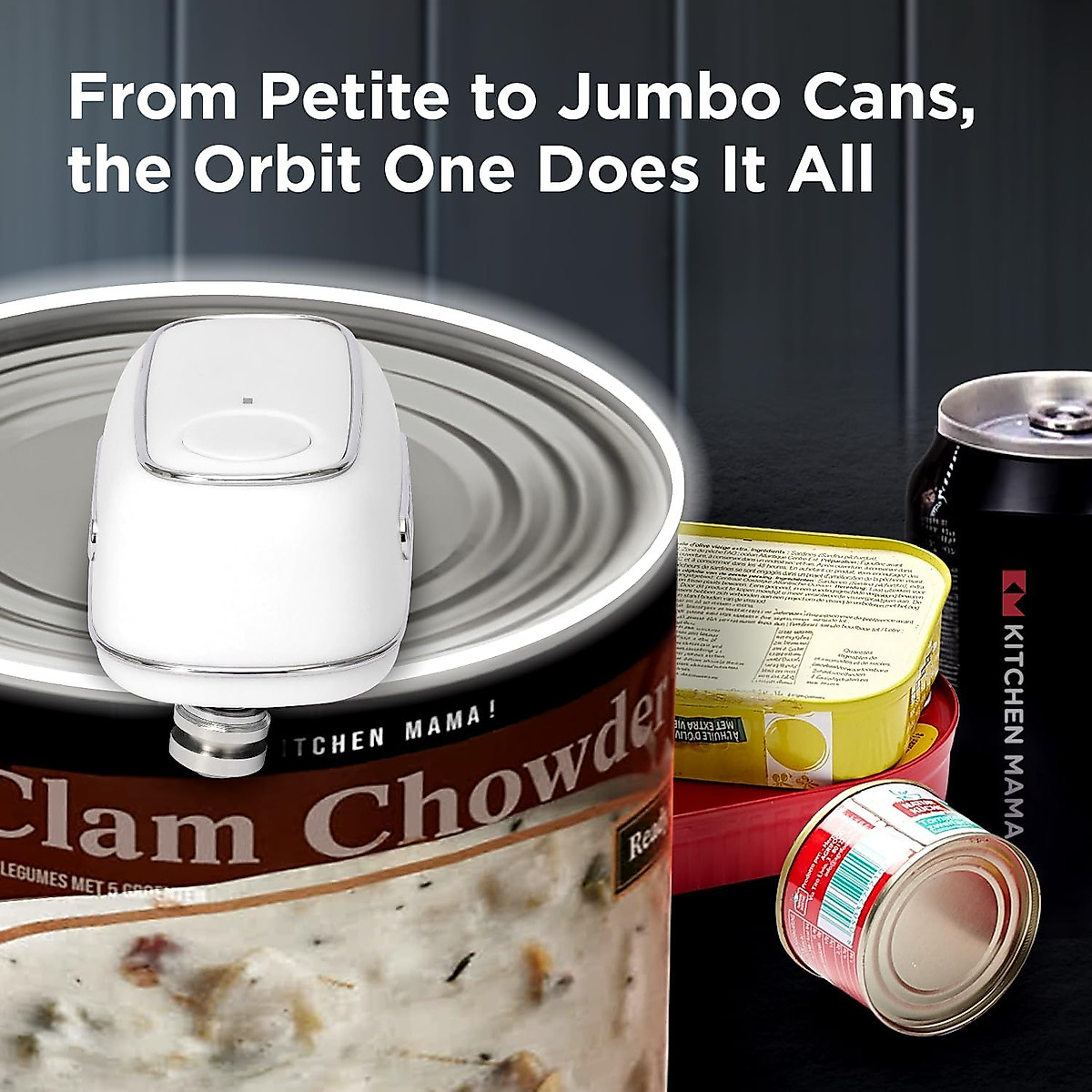Kitchen Mama Orbit One Rechargeable Can Opener: Hands-Free Operation, Type-C Charging, Automatic Shut-Off, Smooth Edge, Professional-Grade Blade for Large Cans, Includes Elegant Storage Box (White)