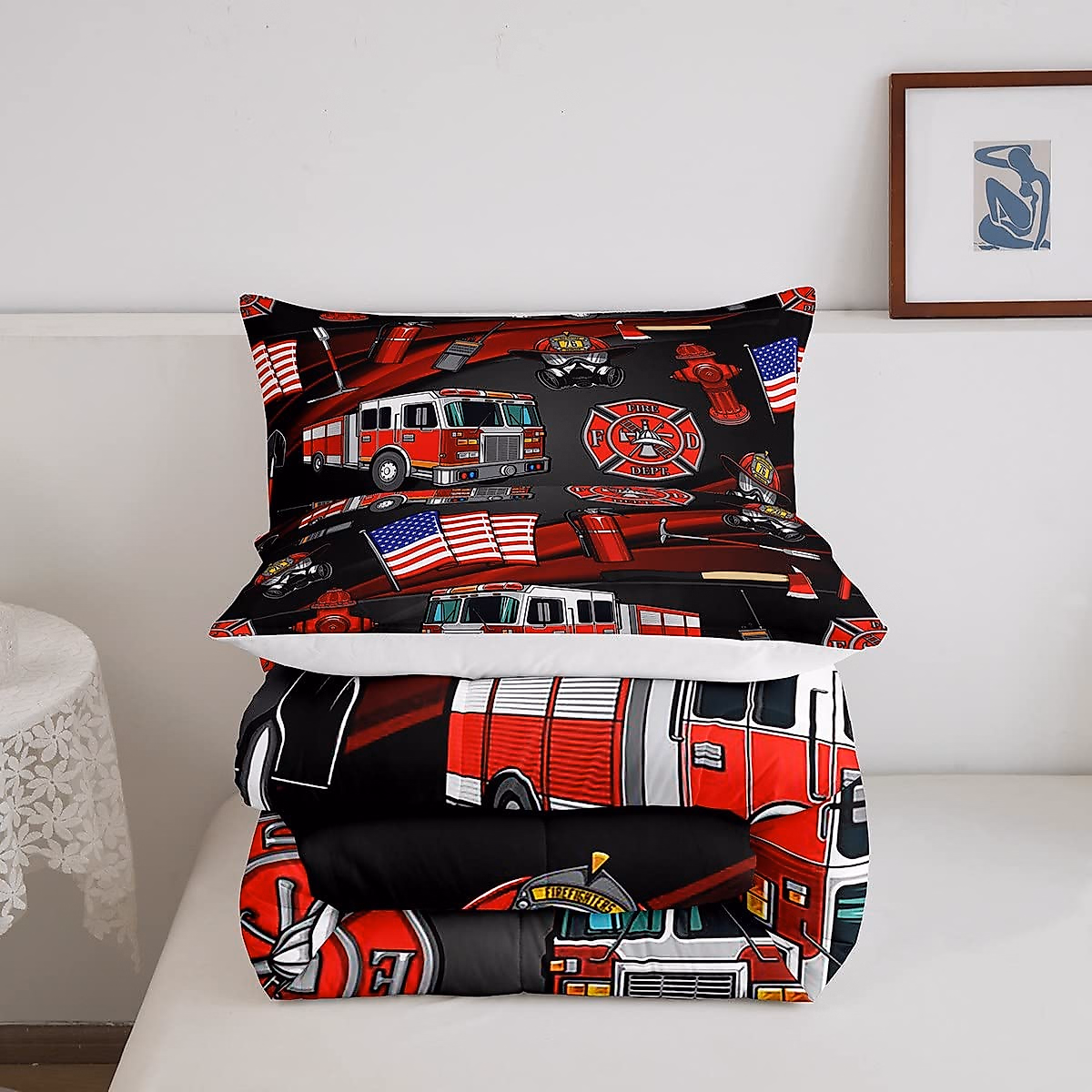 American Flag Comforter Set Queen Size,Cartoon Fire Truck Bedding Set 3pcs for Kids Teen Girls Boys Room Decor, Fire Fighting Supplies Quilt Set Fire Extinguisher Duvet Insert with 2 Pillowcases
