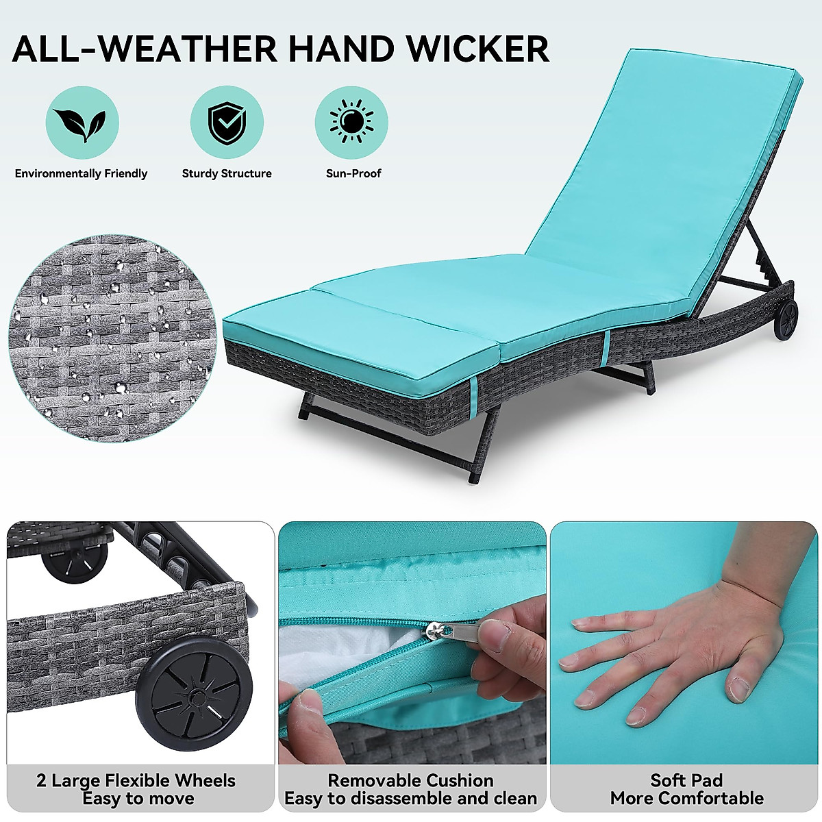 YITAHOME Wicker Chaise Lounge Outdoor PE Rattan Pool Lounge Chair with Adjustable Backrest and Removable Cushion & Wheels for Poolside Deck Balcony Lawn