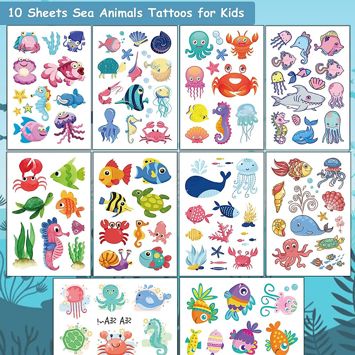 Hohamn Sea Animals Temporary Tattoos for Kids - 90+ Cartoon Ocean Animal Fake Tattoos for Girls Boys Birthday Party Supplies Favors, Baby Shower