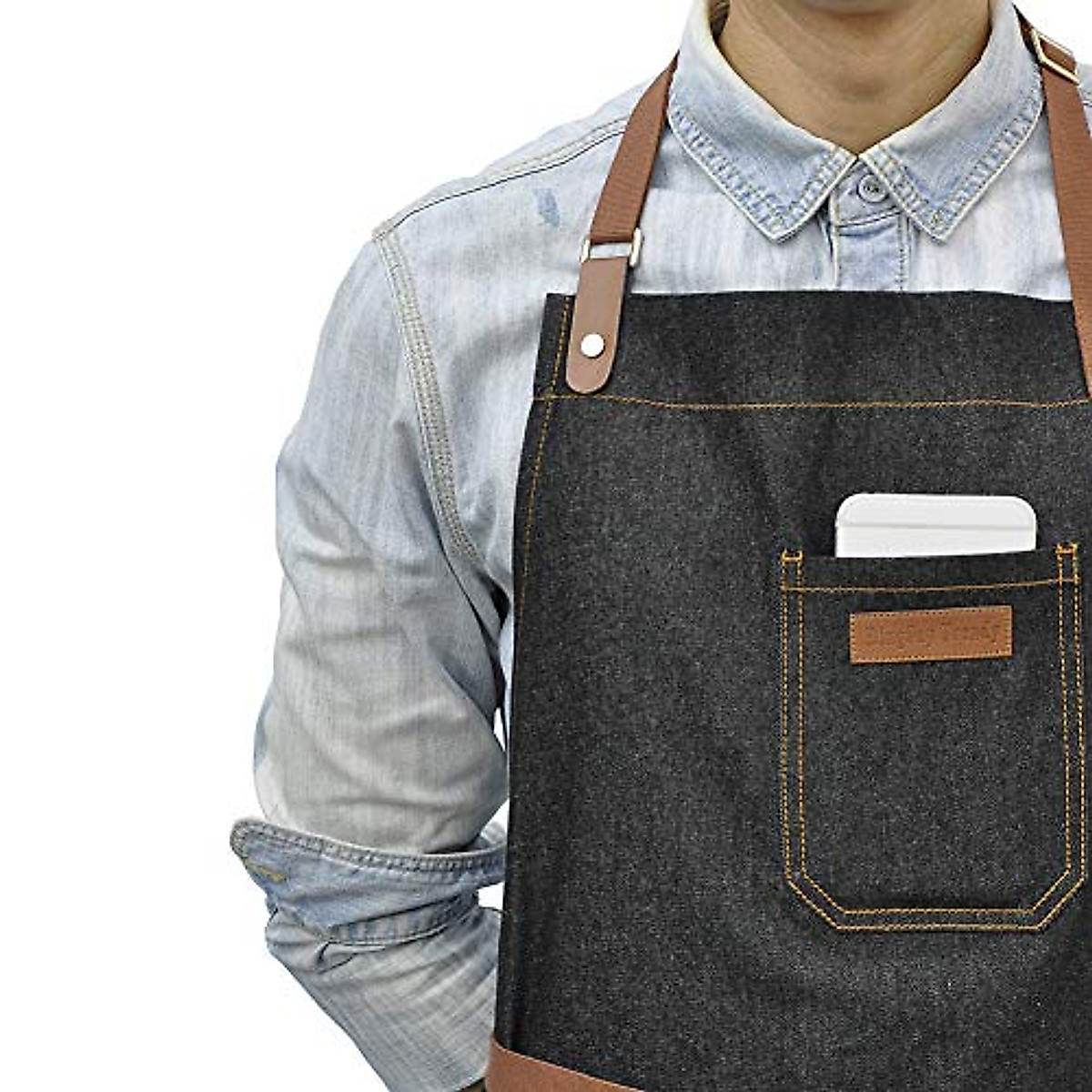 DingSay Trendy Denim Chef Apron with Pockets, Mens Womens Professional Kitchen Bib Black Apron for Cooking Grill BBQ Server, with Towel Loop and Adjustable Neck Straps