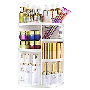 360 Rotating Makeup Organizer, chfine DIY Adjustable Bathroom Makeup Spinning Holder Storage Rack, Large Capacity Lazy Susan Cosmetics Organizer, Makeup Caddy Fits Countertop Vanity and Bathroom,White