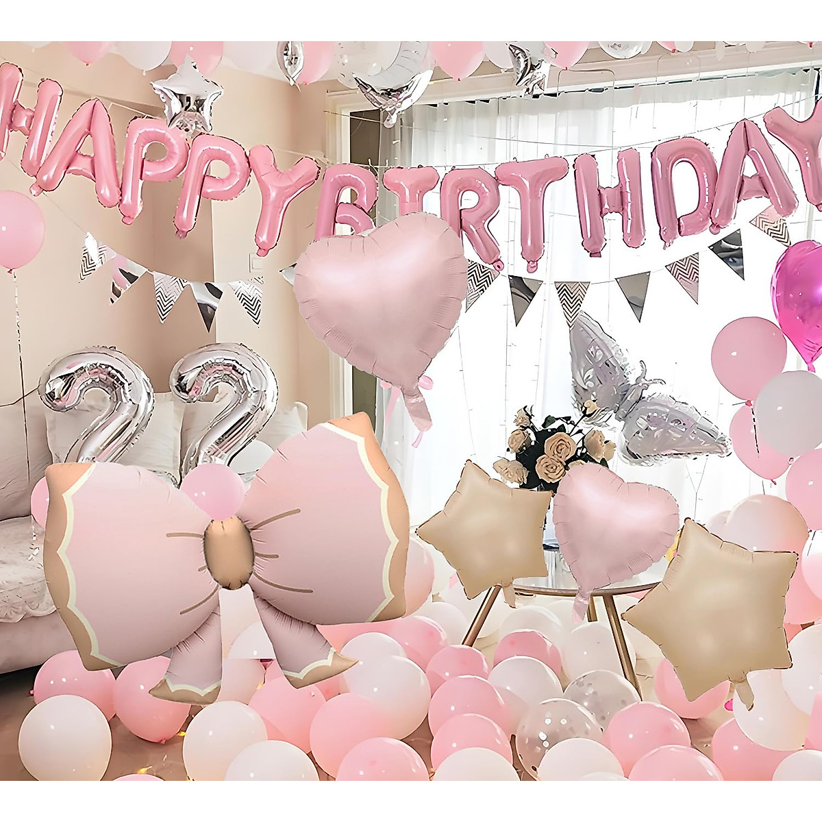 5pcs Retro Pink Matte Retro Pink Bow Balloon Set Aluminum Foil Balloon Matte Soft Coke Sugar Star Balloon Retro Pink Heart Balloon Birthday Baby Shower Graduation Party Balloon Supplies