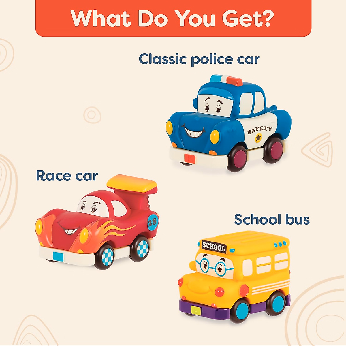 B. toys- Mini Wheeee-ls!- 3 pc Mini Pull-Back Vehicles Set, Bus & Cars, Multi, Hot Rod, School Bus, Police Car- 1 year +