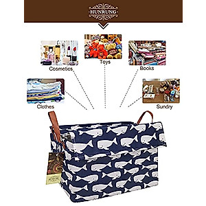 HUNRUNG Storage Boxes with Lids Rectangle/Square Storage Bins，Storage Basket Cute Canvas Organizer Bin for Pet/Children Toys, Books, Clothes Perfect for Rooms（Rec-Blue Whale-with lid）