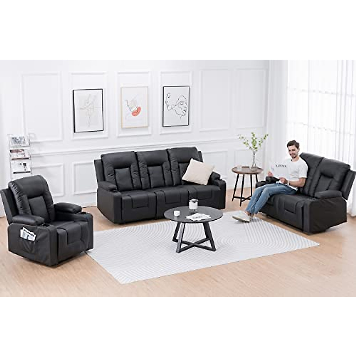 COMHOMA Recline Chair Set，Furniture 3PC Bonded Leather Recliner Set Living Room Set, Sofa with massger(Black, 3+2+1)