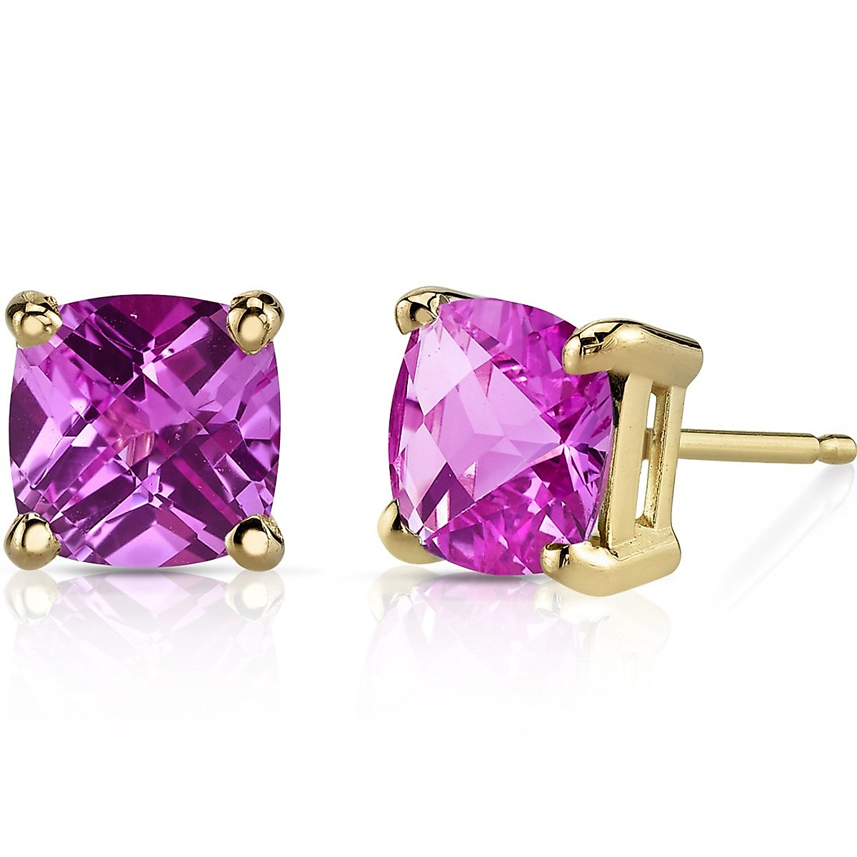 Peora Solid 14K Yellow Gold Created Pink Sapphire Stud Earrings for Women, Classic Solitaire, Hypoallergenic Cushion Cut 6mm, 2.50 Carats total, Friction Back
