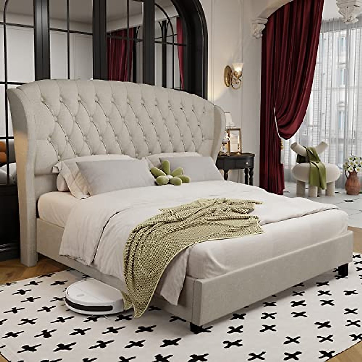 PaPaJet Queen Size Platform Bed Frame, Linen Curved Upholstered Bed with Shell Wingback Headboard/Deep Button Tufted/No Box Spring Needed/Beige