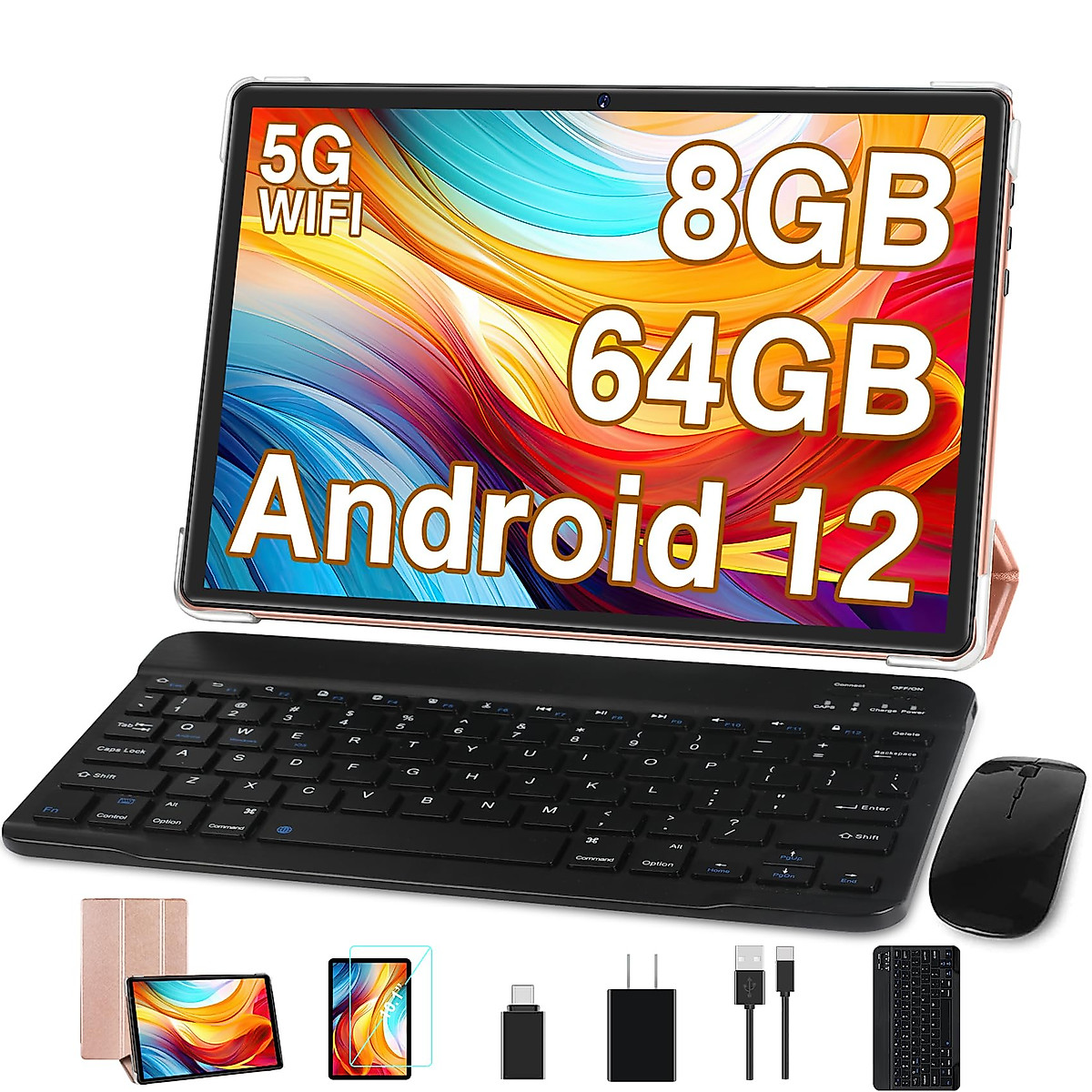 DMOAO Tablet Android 12 Tablet 2023 Latest Octa-Core 2.0GHz CPU 2 in 1 Tablets with 8GB RAM 64GB ROM/512GB Expandable, Google Certified 5G WiFi Tableta (Gold)