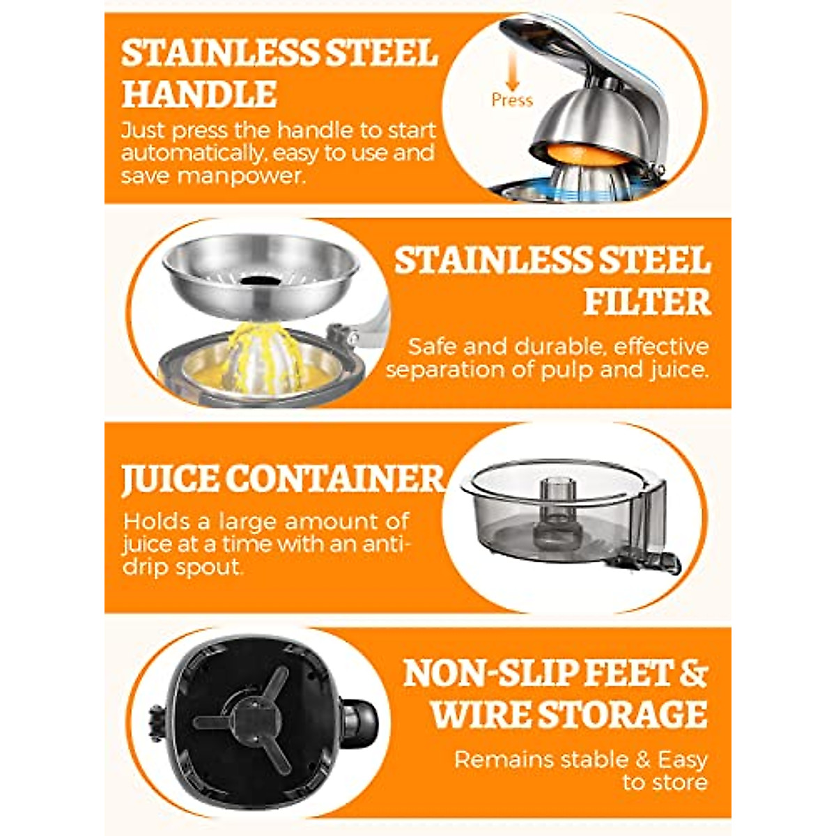 OSTBA Citrus Juicer Electric, Orange Juicer with Two Cones, Lemon Lime Grapefruit Orange Juice Squeezer, Anti-drip Spout, Stainless Steel Handle, Easy to Clean and Use