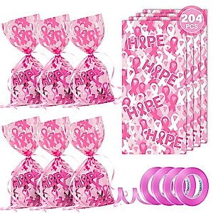 Heartome Breast Cancer Awareness Accessories, 204Pcs Ribbon Party Supplies, 4 Rolls of 11 Yards Ribbon, 200Pcs Breast Cancer Support Cellophane Bags for Breast Cancer Parties Present Wrapping