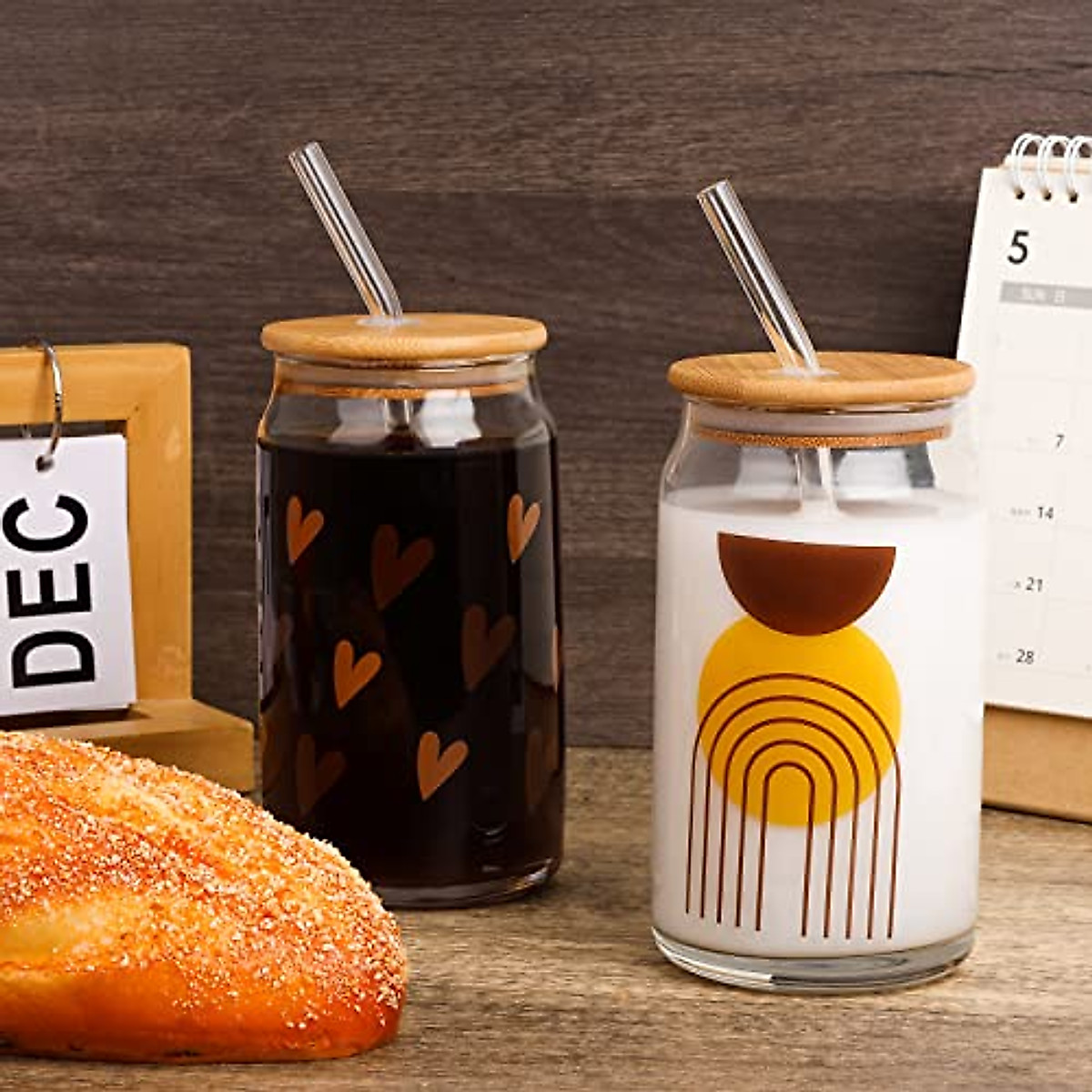Yoiemivy 6 Pack Glass Cups with Lids and Straws, Iced Coffee Tumbler with Straw Boho Pattern Drinking Glasses16 Oz Beer Can-Shaped Glass for Iced Coffee Cola Soda Tea Juice Water