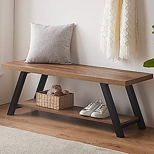 LVB Industrial Entryway Bench, Wood and Metal Storage Bench for Living Dining Room, Farmhouse Indoor Entry Way Shoe Benches Seat, Rustic Oak, 47 Inch Long