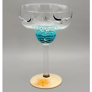 Beach Margarita Glass - Hand Painted - Sea, Waves, Seagulls, Starfish, Sea Turtle, Shell, Sand, Summer