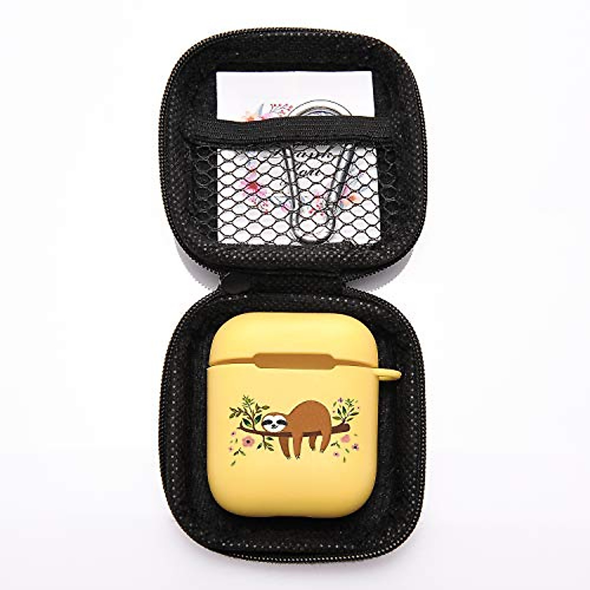 JOYLAND Yellow Case Cover for AirPod 1&2 w/Keychain Ring Carabiner Clip,Lovely Sloth Case Wireless Earphone Case Smooth Anti-dust Silicone Protective Cover Soft Skin Cute Case fr AirPods 1 & 2