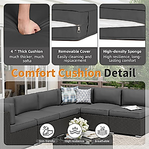 Oakcloud 8-Piece Outdoor Patio Furniture Sofa Set with 45” Propane Gas Fire Pit Table, Black Rattan Wicker Sectional Conversation Sets with Glass Top Table and Cushions(Grey, w/Fire Pit Table)