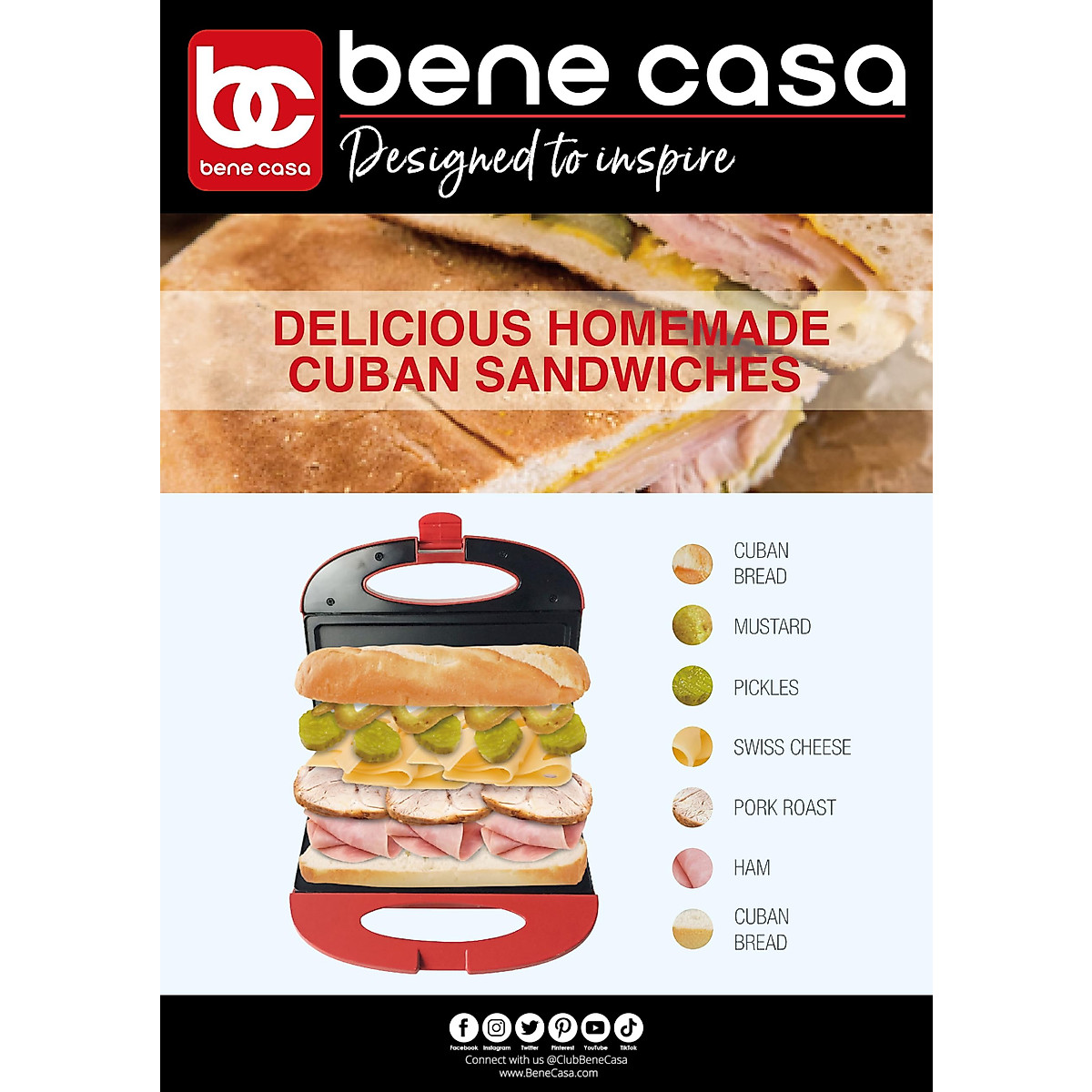 Bene Casa - Red Nonstick Flat Grill Sandwich Maker - Includes Cool-touch Handles and Die Cast Aluminum Cooking Surface