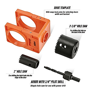 KATA 1-3/8" - 1-3/4" Door Lock Installation Kit with Large Chip-Clearance Slots, Door Lock Hole Saw for Deadbolts and Locksets for Wooden Doors with Guide Template, Carbon Steel, Orange