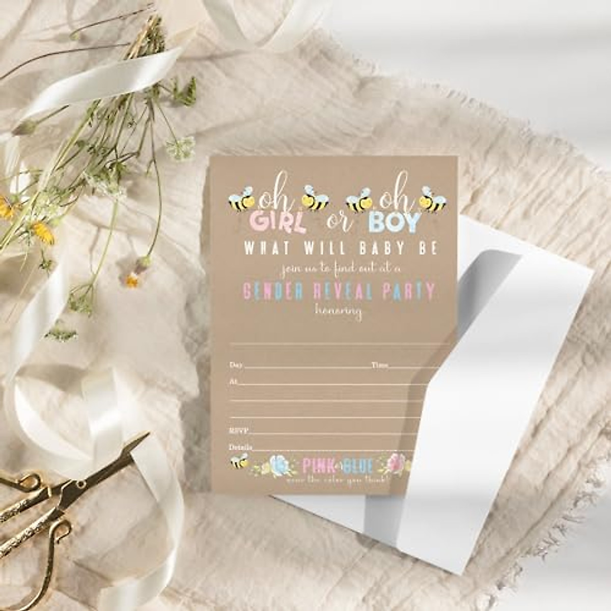 Gender Reveal Invitations with Envelopes, Bee Baby Shower Invites Customize Party Details DIY 5x7 Card Set, 25 Pack