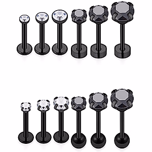 Dyknasz 18G 16G Surgical Steel Stud Earrings with Clear Diamond CZ Cartiliage Earring Tragus Helix Conch Piercing Jewelry for Women Men Black Screw Flat Ball Back