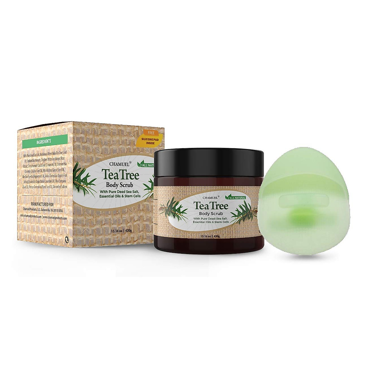 Chamuel Tea Tree Body & Foot Scrub - 100% Natural Exfoliating Body Scrub with Dead Sea Salt, Plant-based Stem Cells, Ginger & Essential Oils– Rejuvenates & Soothes Dead & Dry Skin (15.1oz)