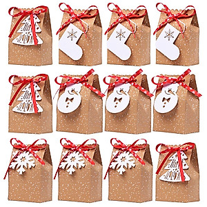 AerWo 12pcs Christmas Kraft Gift Bags, Holiday Paper Gift Bags Kraft Paper Treat Bags with Tags for Christmas Party Supplies, 5 x 3 x 7 Inch Mini Xmas Goodies Bags